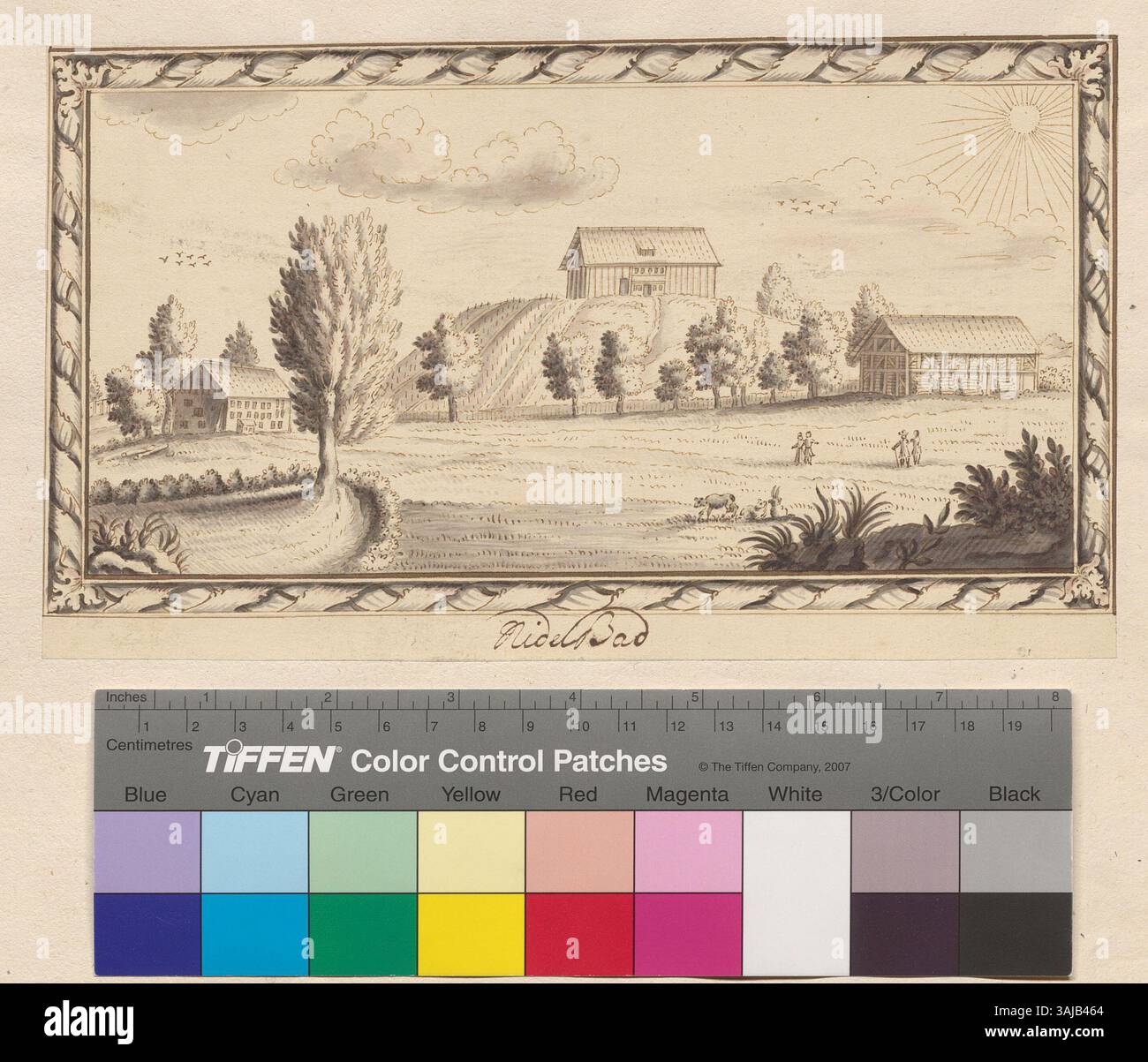A 17th-century ink drawing of Nidelbad, depicting a rural Swiss scene ...