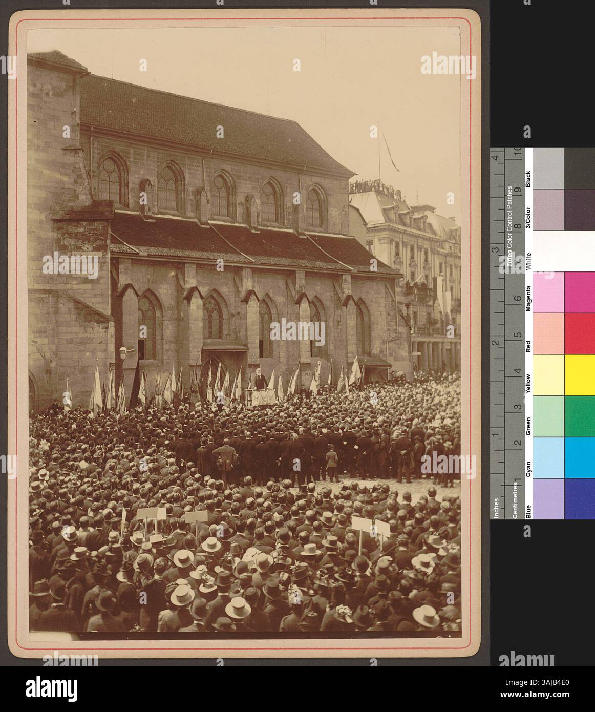 A photograph from around 1900 showing a crowd gathering at Münsterhof ...