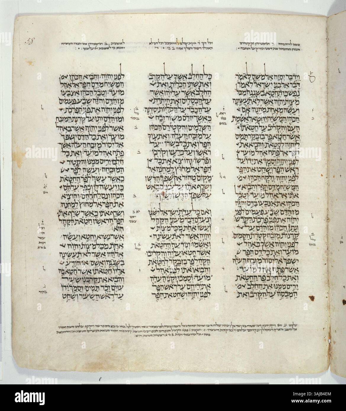 The 114th page of the Leningrad Codex, folio 058a, shows Leviticus 4:12 ...
