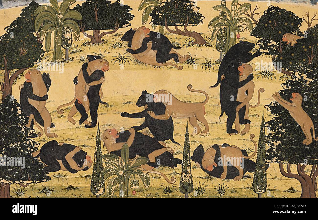 This 1720 painting by Seu depicts a humorous scene of drunken monkeys and bears fighting in the ...