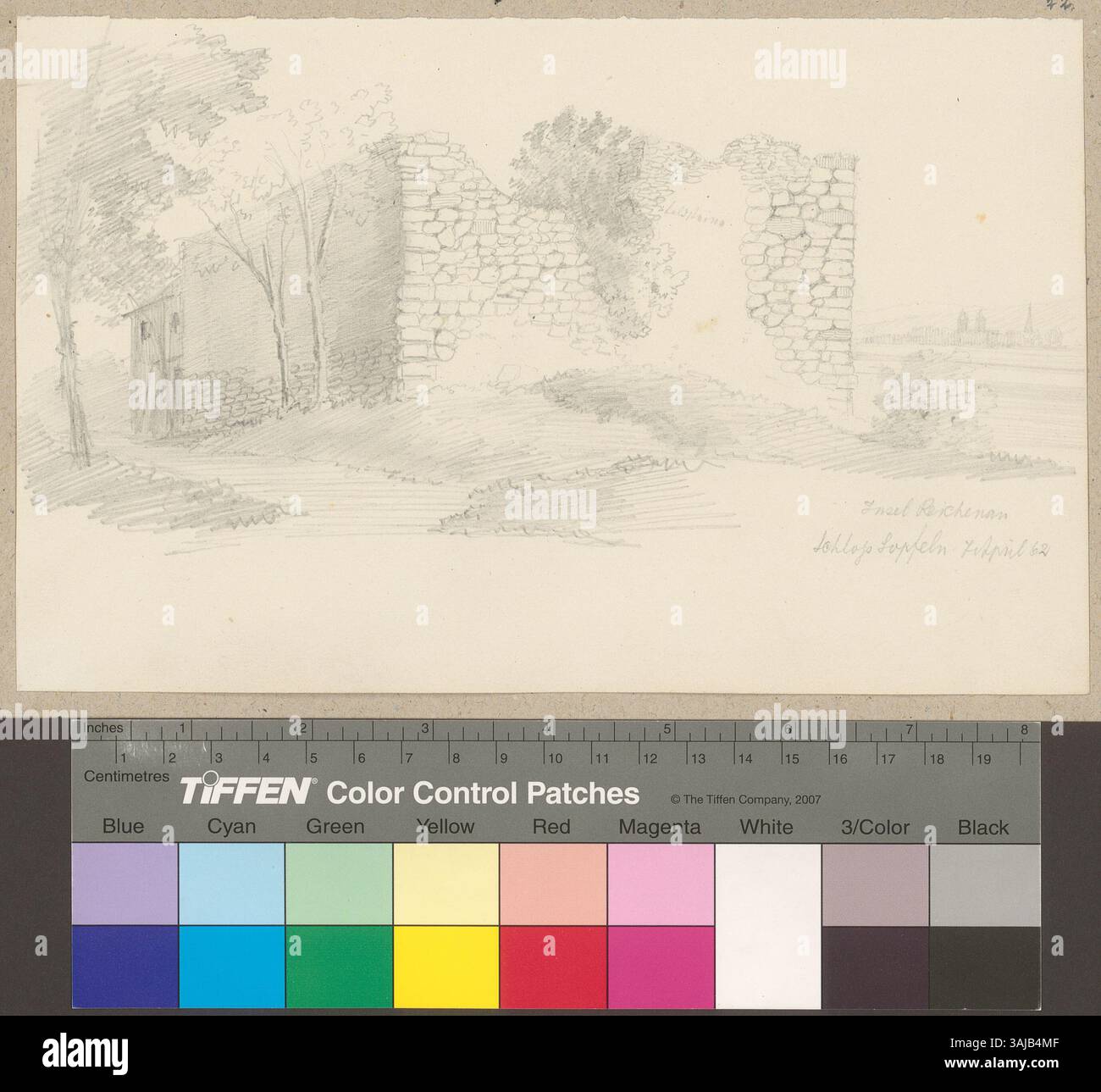 This print depicts the ruins of Schloss Sopfeln, a former water castle ...