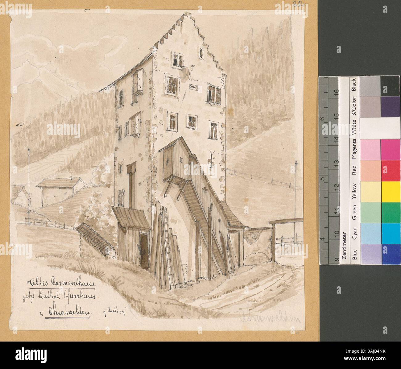 Shows an exterior view of the former Abbey House in Churwalden, now the ...