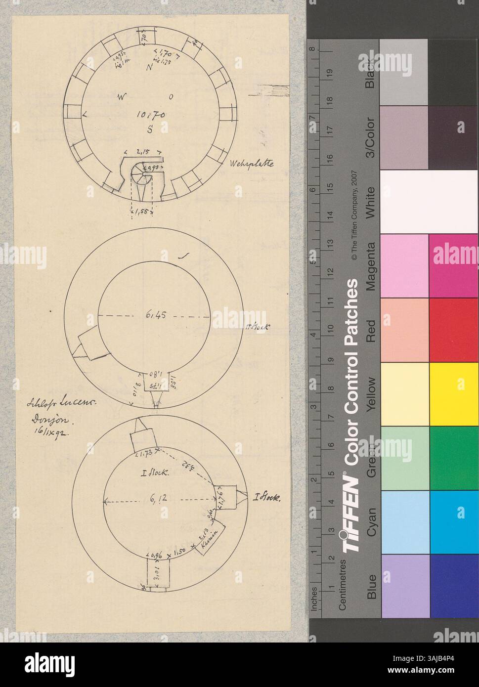 This print shows the floor plans of the three levels of the tower at ...