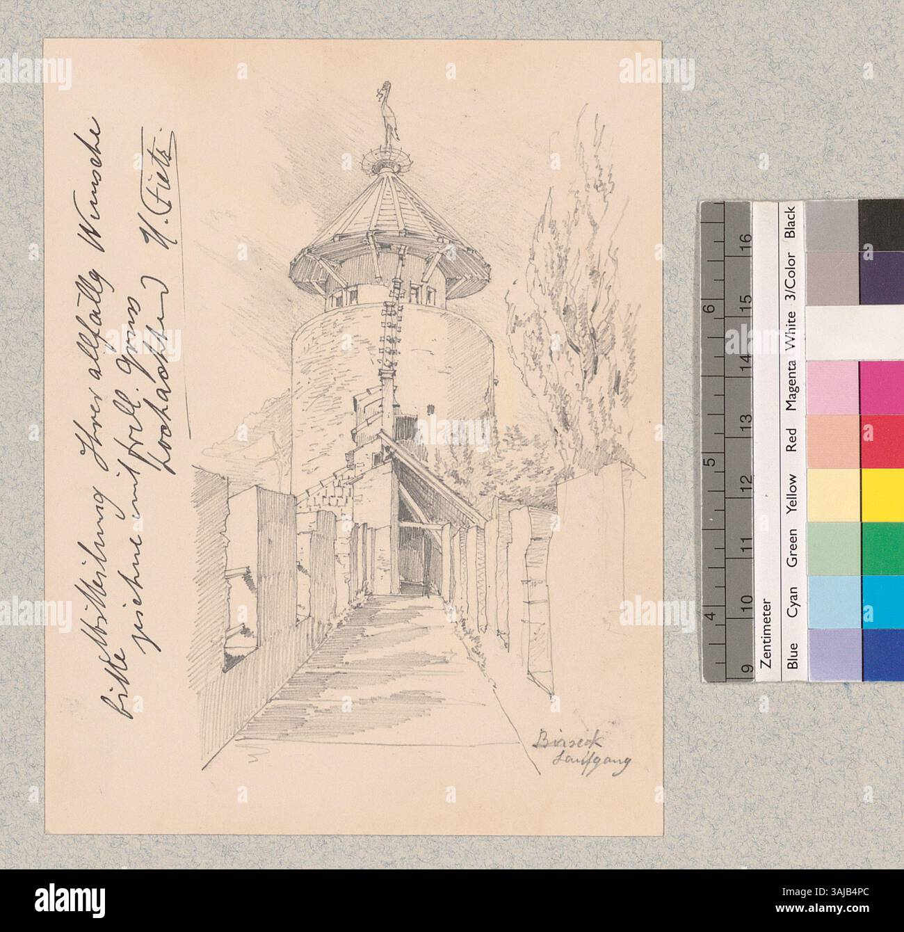 This image shows an exterior view of the tower of Birseck Castle in ...