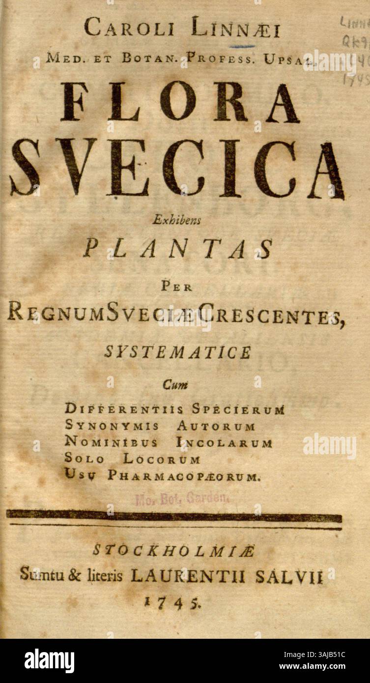 Title page of Carl Linnaeus' 1745 book *Flora Svecica*, a foundational ...