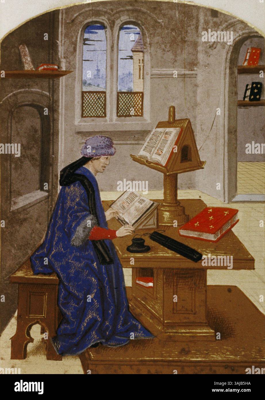 This manuscript illustration shows Jacques de Guyse at a desk ...