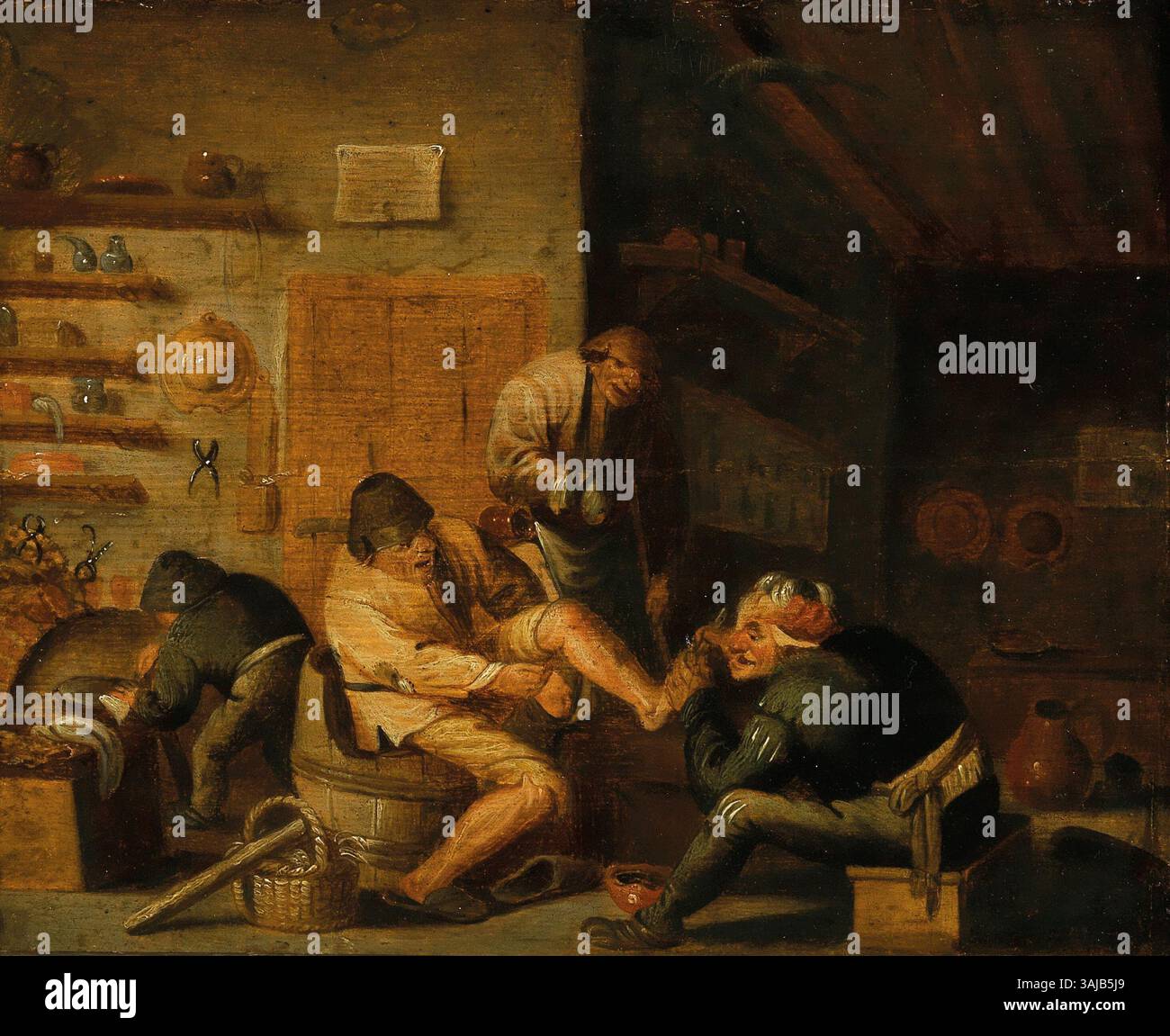 The painting depicts a quack performing a foot operation, based on the ...