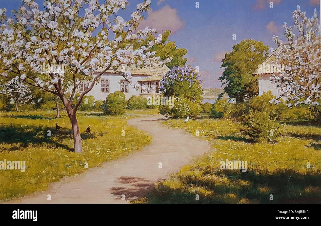 'Spring Landscape' painting by Johan Krouthen, depicting a scenic rural spring setting ...