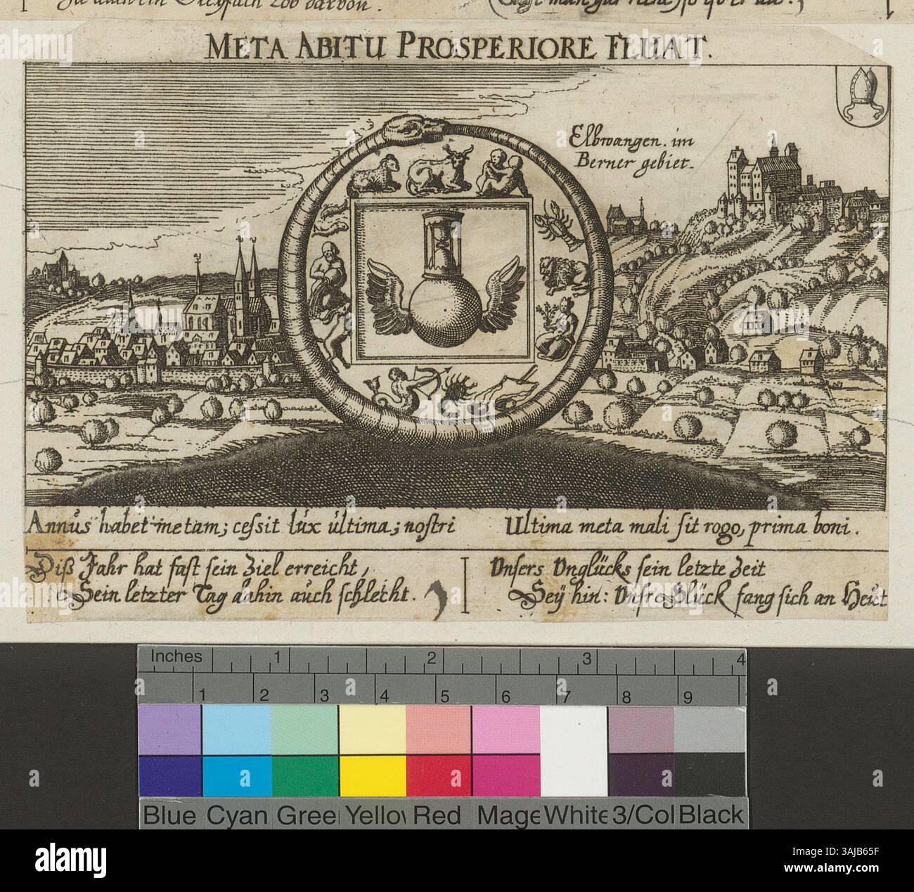 A 1626 engraving of Ellwangen, Germany, showing a representation of ...