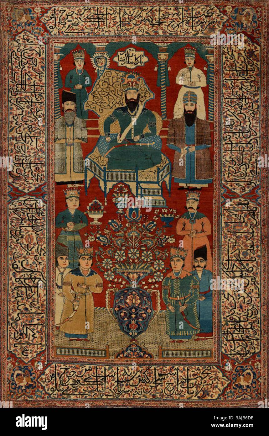A Qajar carpet depicting the court of Nader Shah Afshar, showing the ...