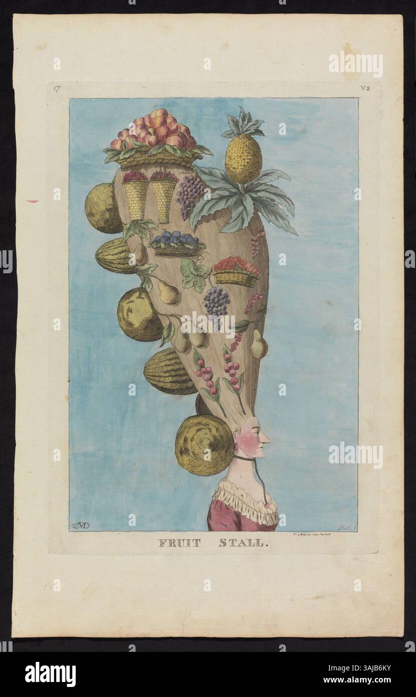 This hand-colored etching, from Darly's Comic Prints, depicts a fruit ...