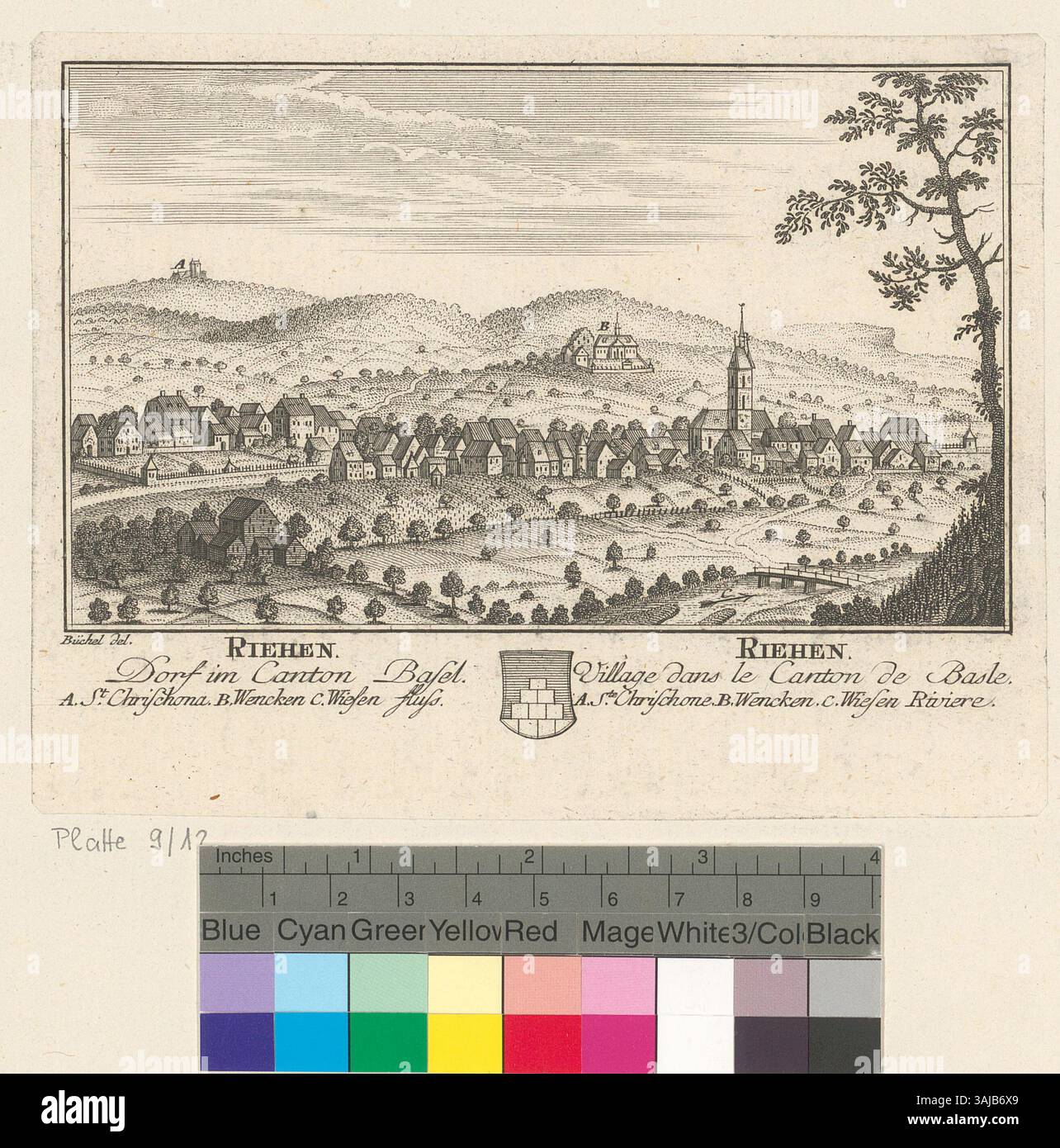 This 1755 etching by Emanuel Büchel presents the village of Riehen in ...
