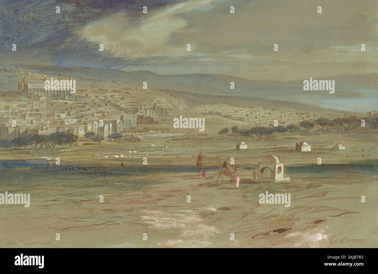 Edward Lear’s 19th-century watercolour shows the city of Hebron, with ...