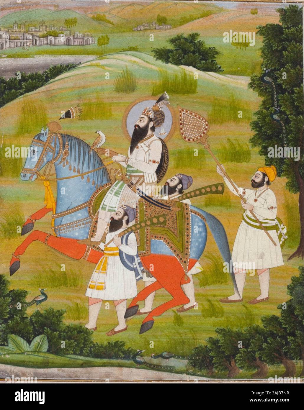 This 19th-century opaque watercolour on paper depicts Guru Gobind Singh, the tenth Sikh Guru ...
