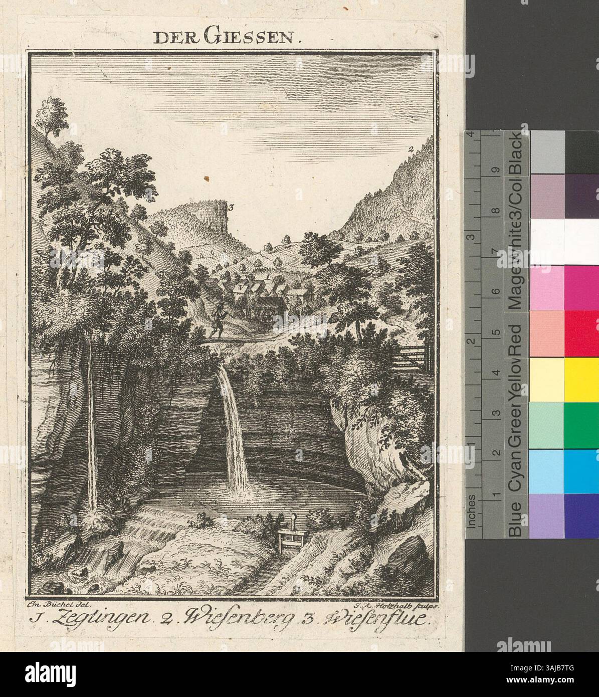 An engraving of Der Giessen, created in 1762 by Emanuel Büchel and ...