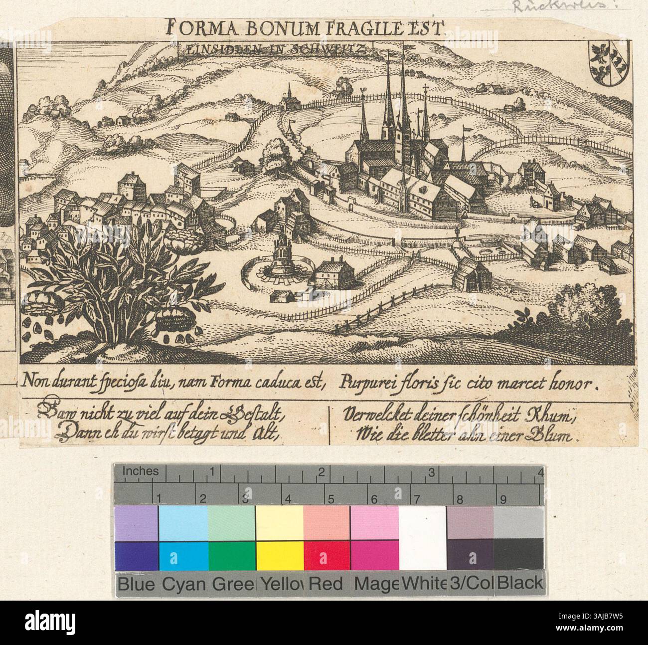 An etching from circa 1628 depicting Einsiedeln, Switzerland, with the ...