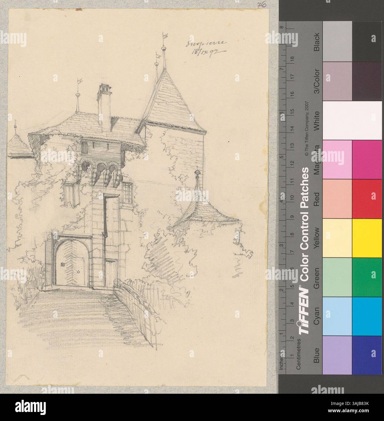 This illustration depicts an exterior view of Surpierre Castle ...