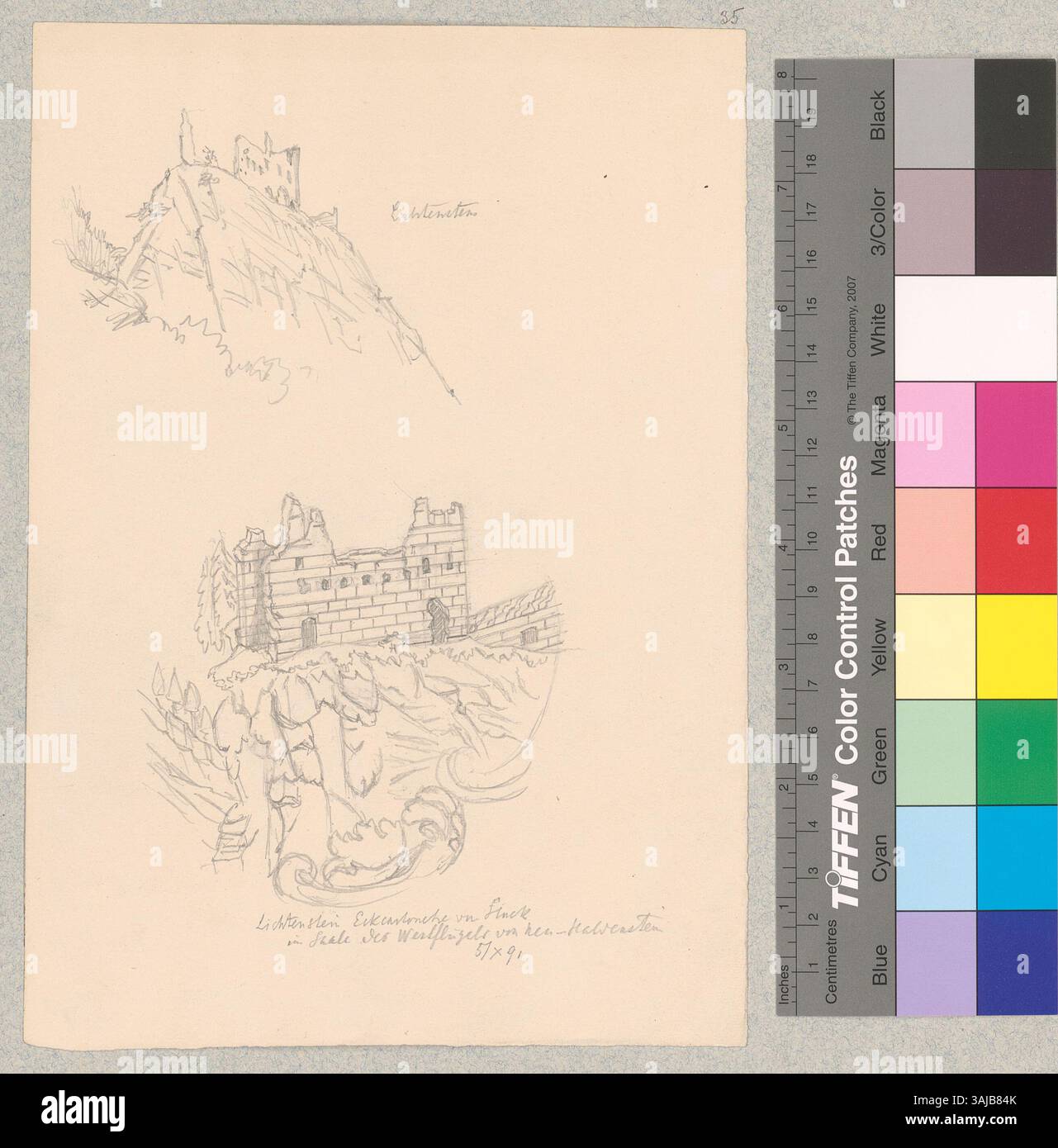 The illustration shows an exterior view of the Lichtenstein Ruins above ...