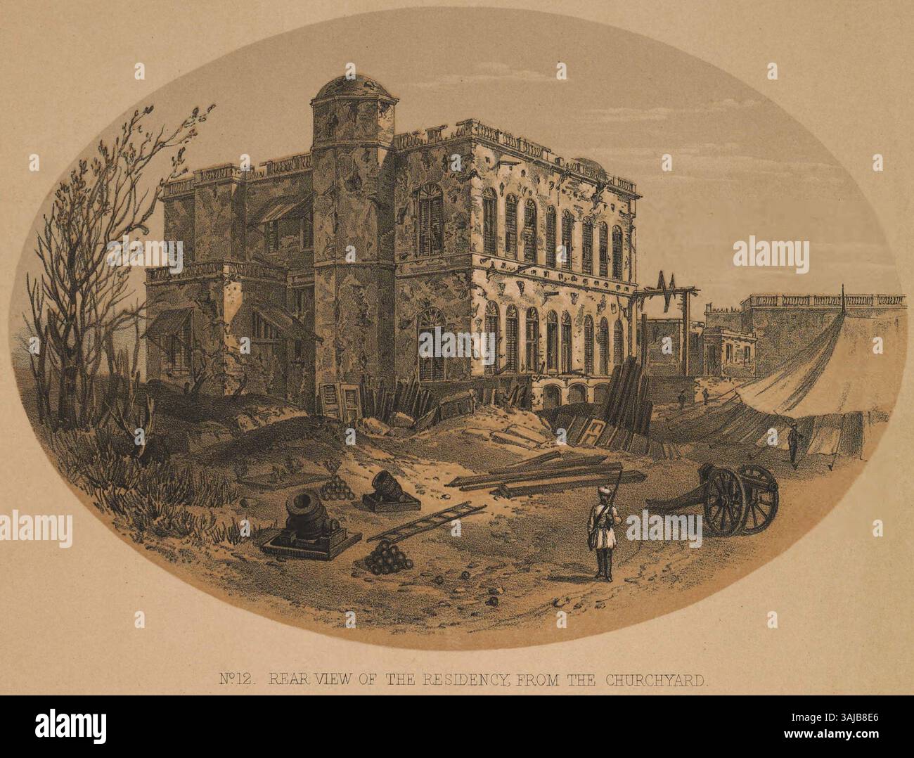 This 1858 lithograph shows the rear view of the Residency during the Siege of Lucknow, focusing ...