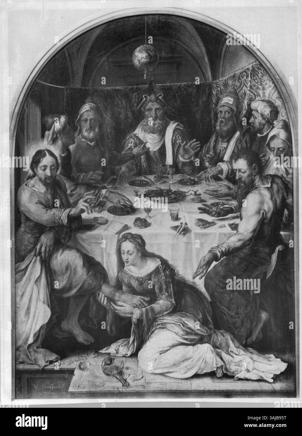 Maarten van Heemskerck’s 1561 painting, *Christus in het huis van Simon de Farizeeër*, portrays ...