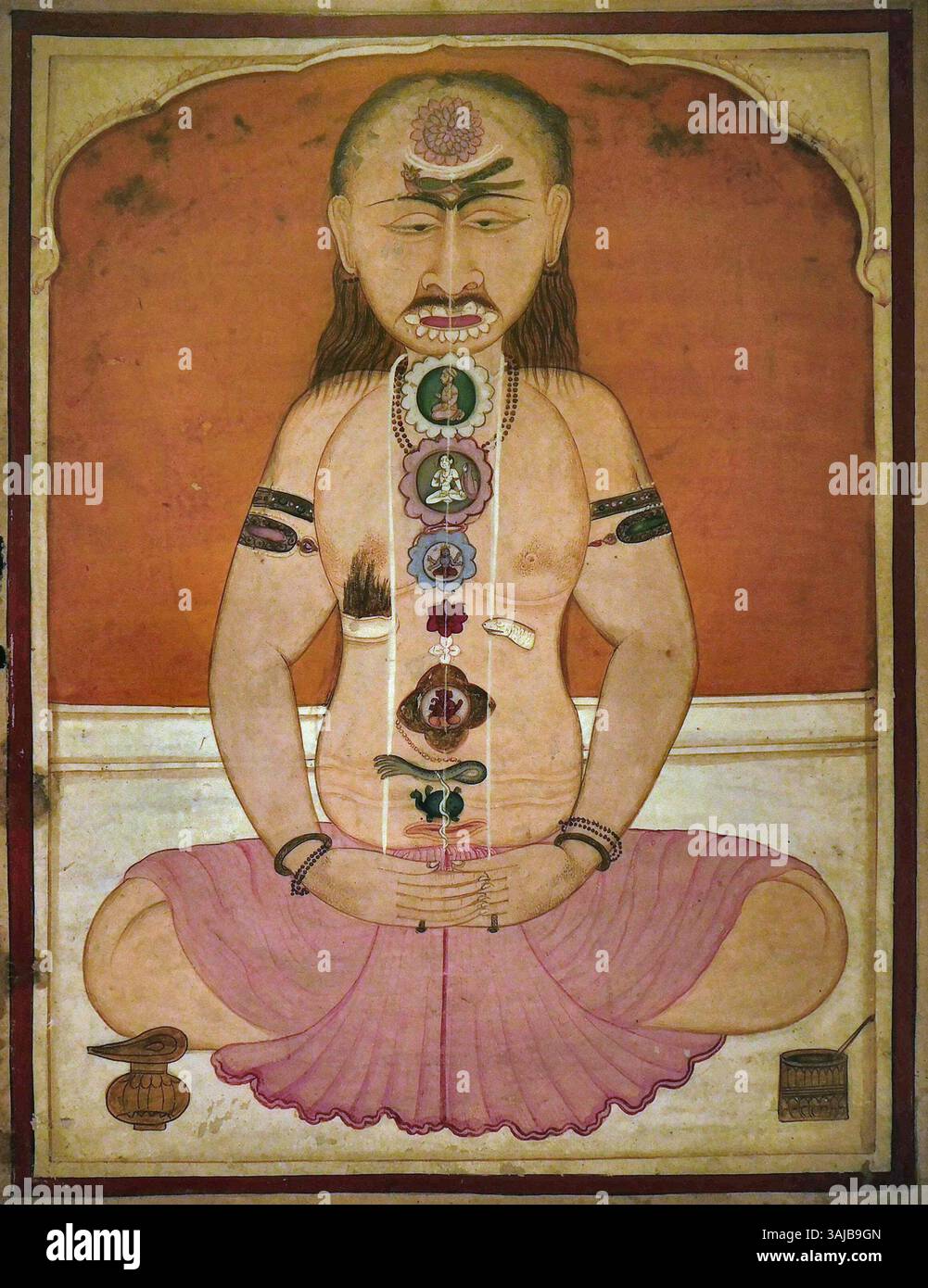 A manuscript painting depicting a yogin in meditation, with chakras and nadis of the subtle body ...