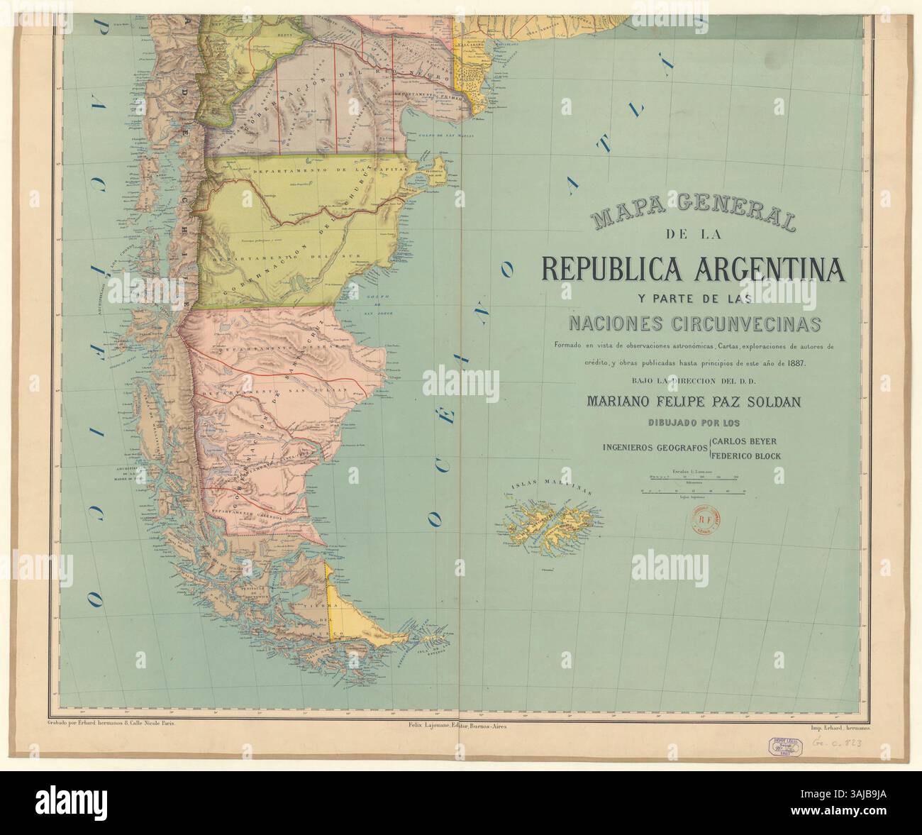 Map of Argentina and surrounding nations from 1887, drawn by Carlos ...