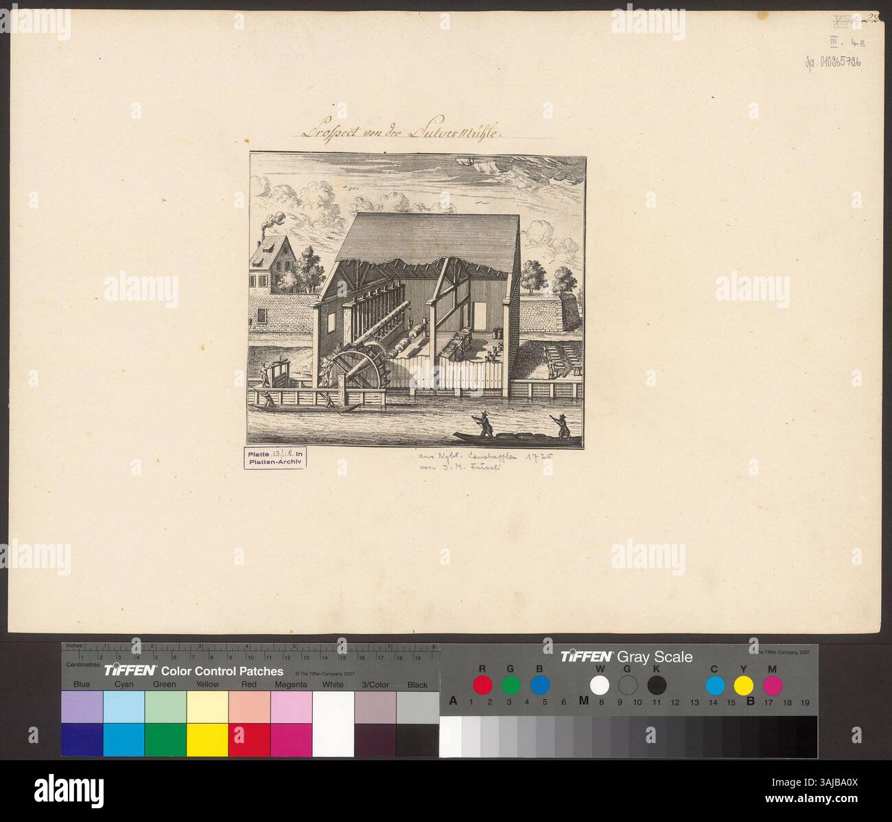 This 1725 etching shows a powder mill in operation, illustrating the ...