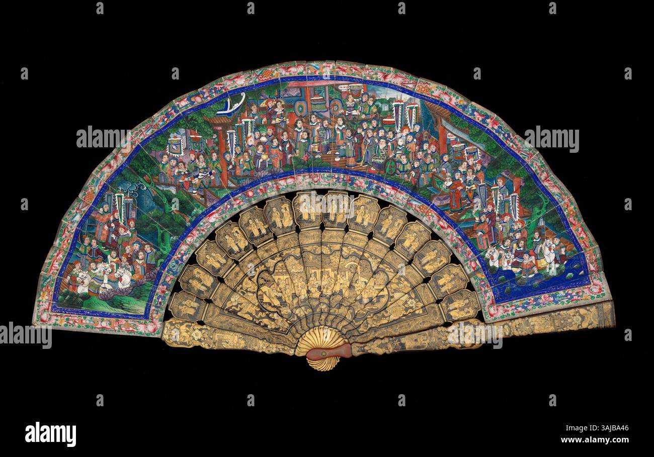 This Chinese folding fan from Guangdong, circa 1840, features a scene ...