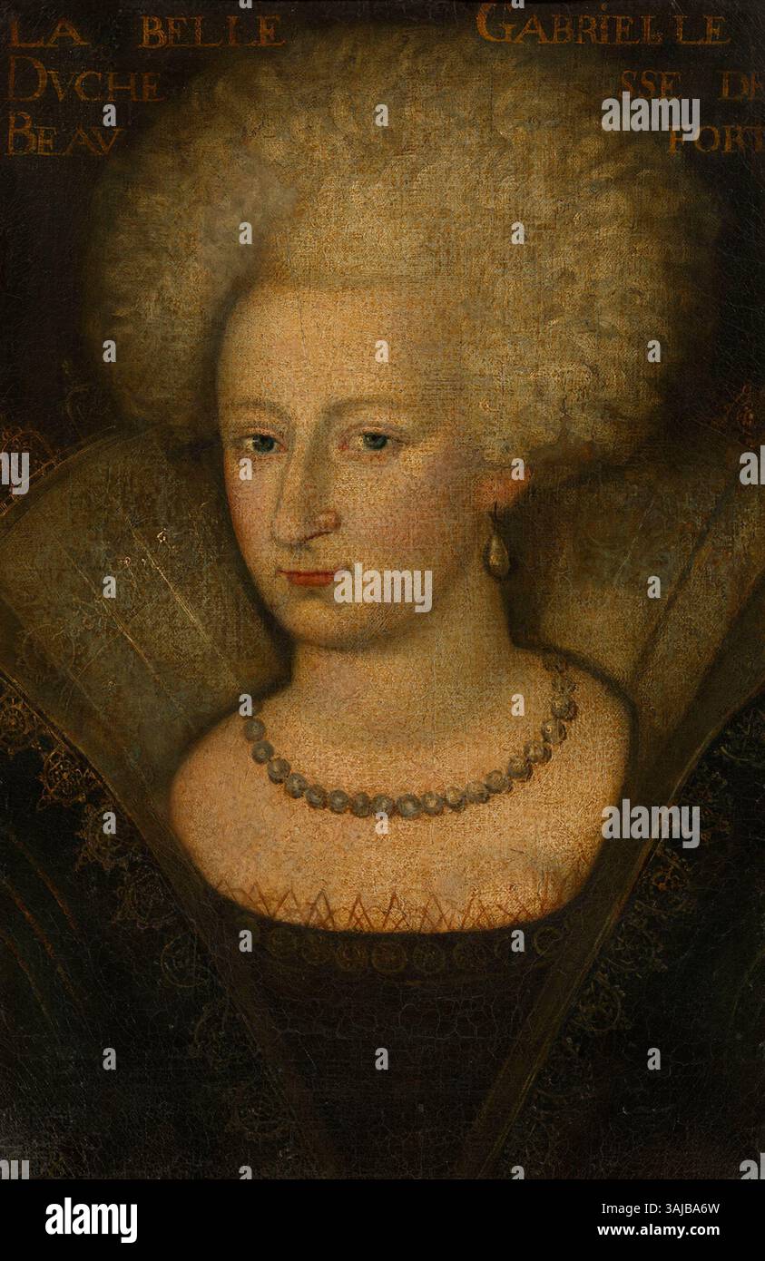 This 16th-century portrait, attributed to the French School, depicts Gabrielle, Duchess of ...