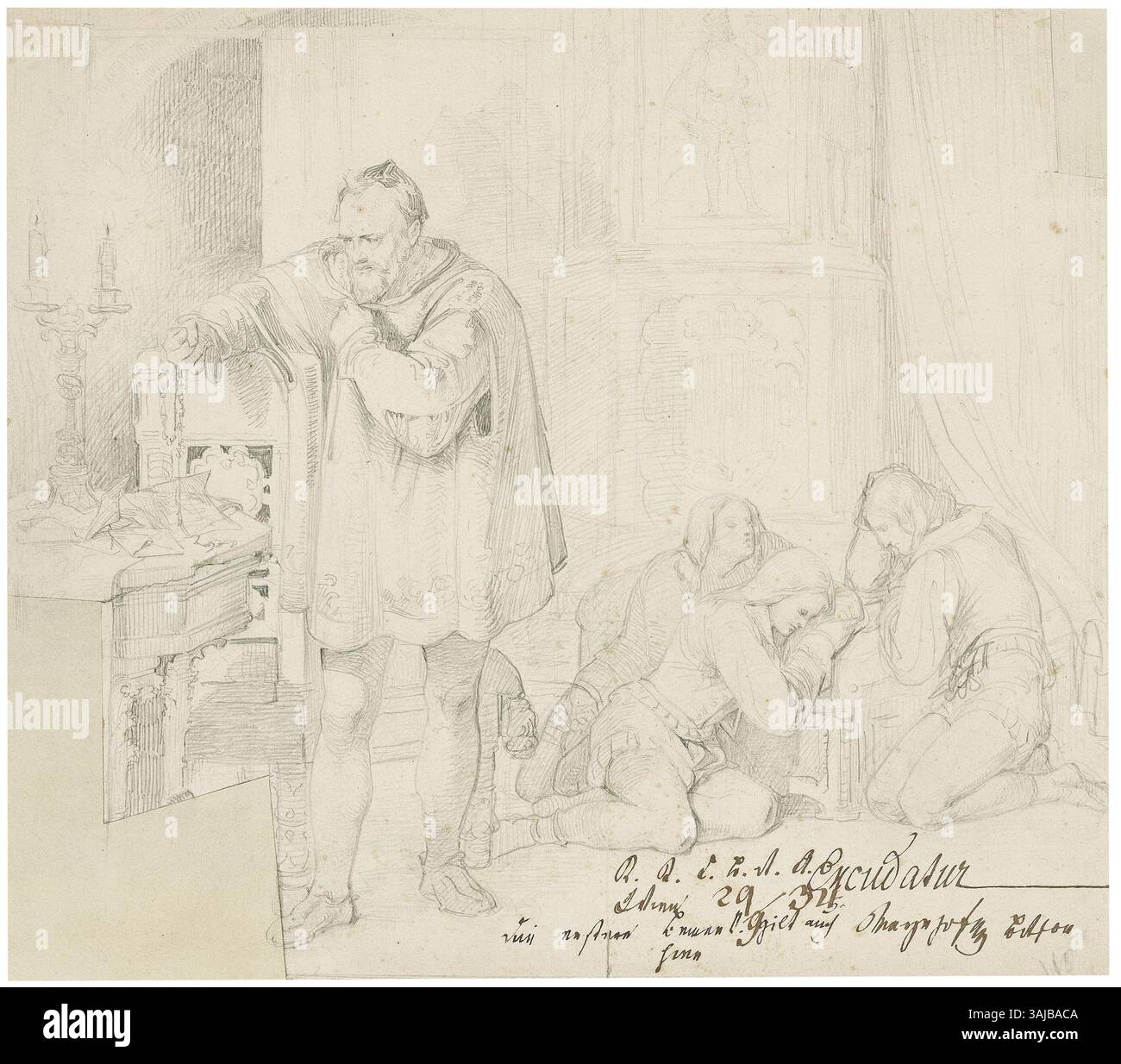 This pencil drawing from 1834 shows a book illustration design with a ...