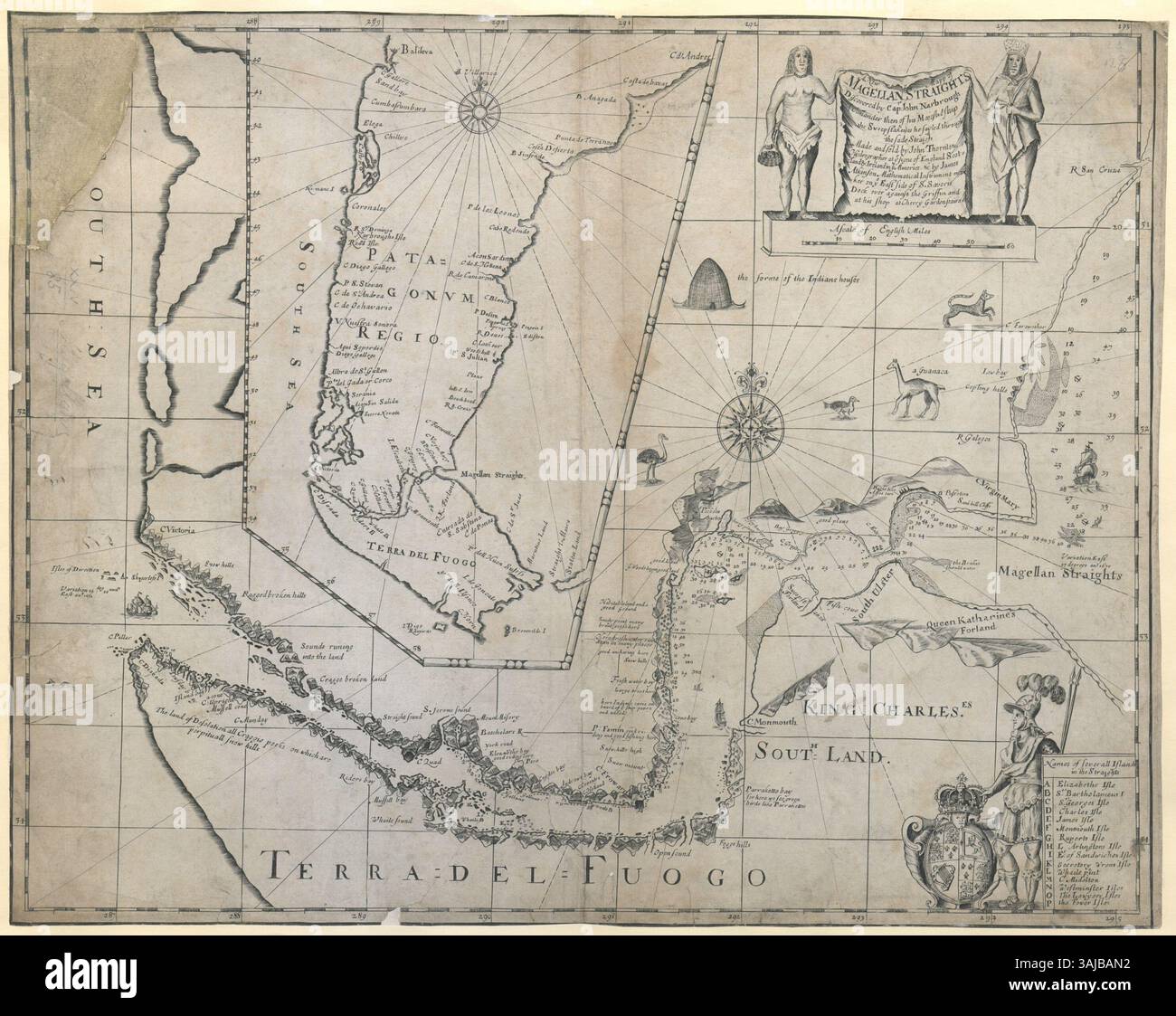 Map from 1673 depicting Magellan's Straits, discovered by Captain John ...