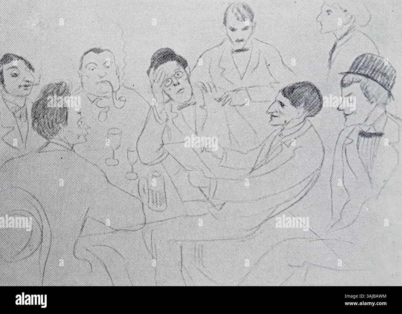 A drawing by Arvid Fougstedt from 1912 showing several artists around a ...