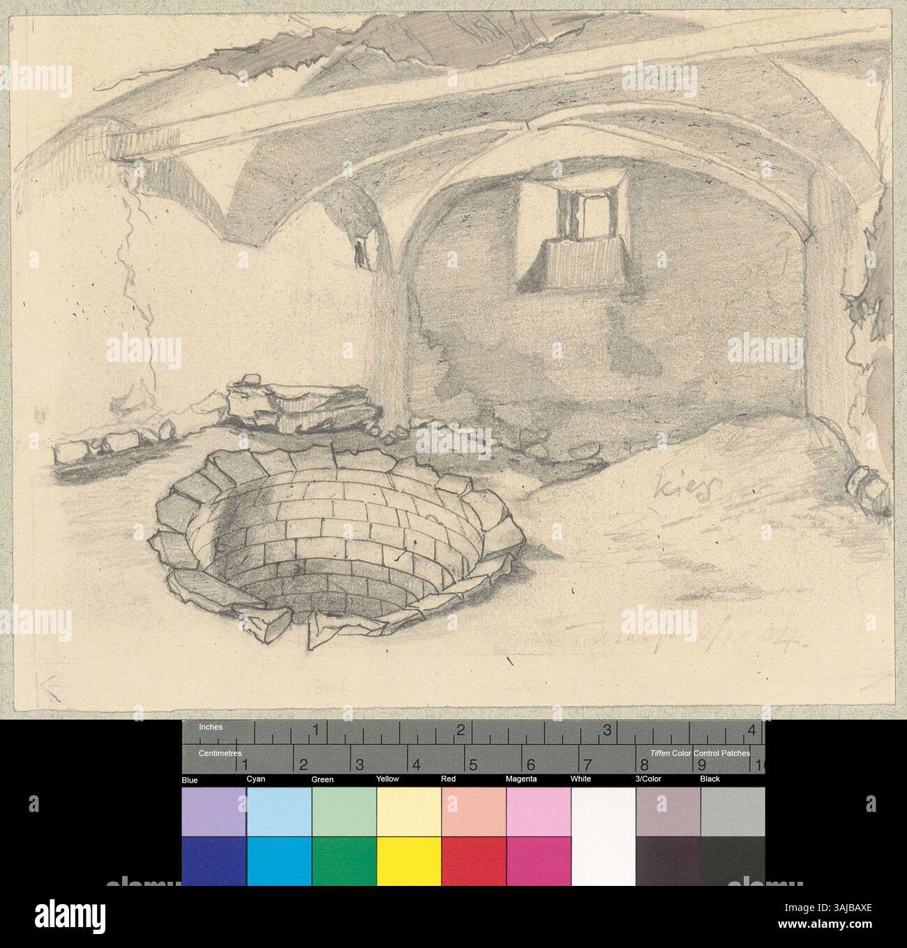This print depicts the cistern in the northeast wing of Tarasp Castle ...