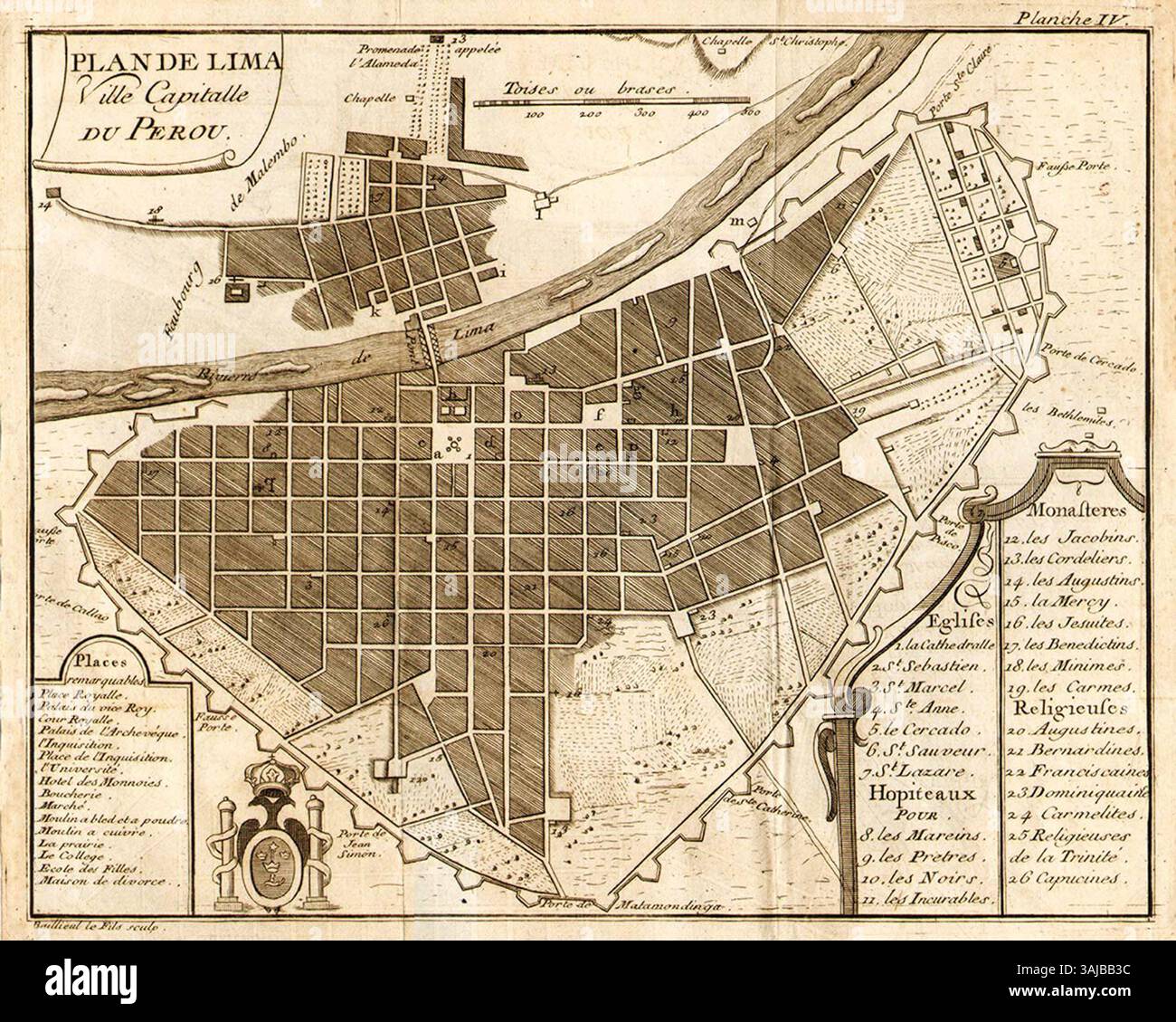 This 1750 map, created by Frézier, depicts the city of Lima, Peru. It ...