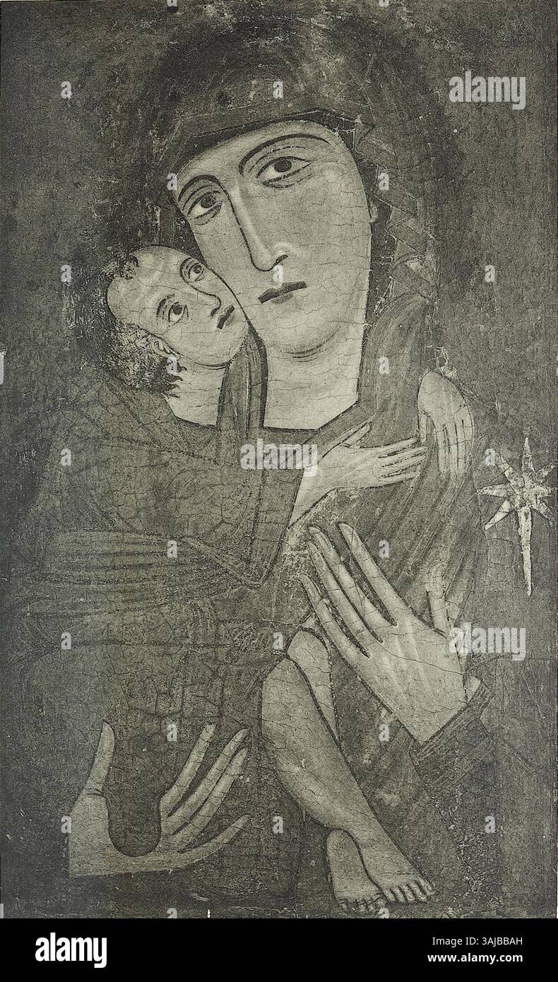 This Byzantine-style painting, *Madonna and Child*, created circa 1200 ...