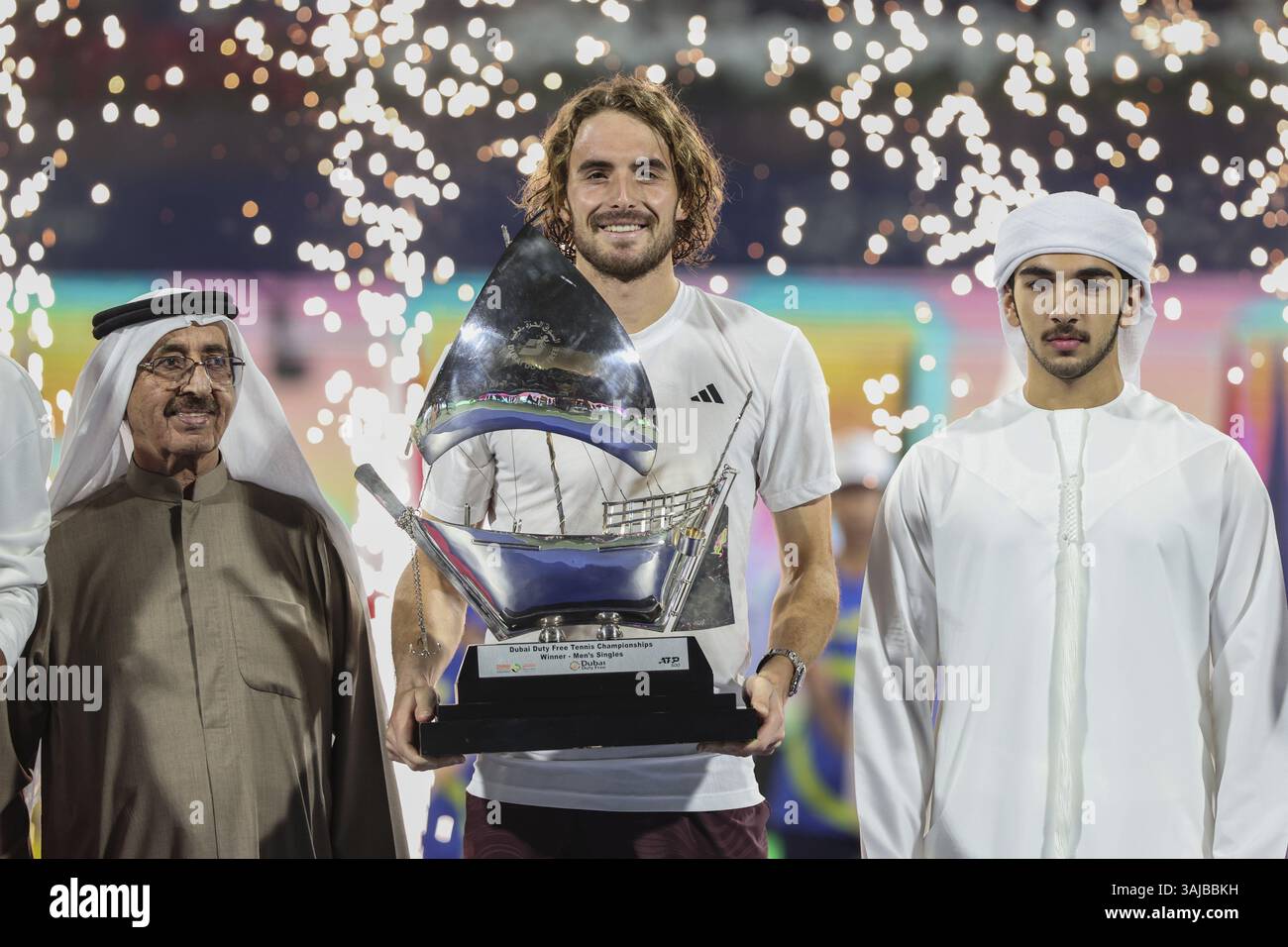 Greek tennis player Stefanos Tsitsipas holding the trophy after winning ...