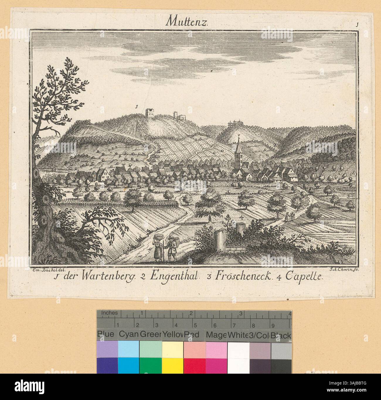 This 1748 engraving depicts Muttenz, a village in Basel. The print, created by artist Jacques ...