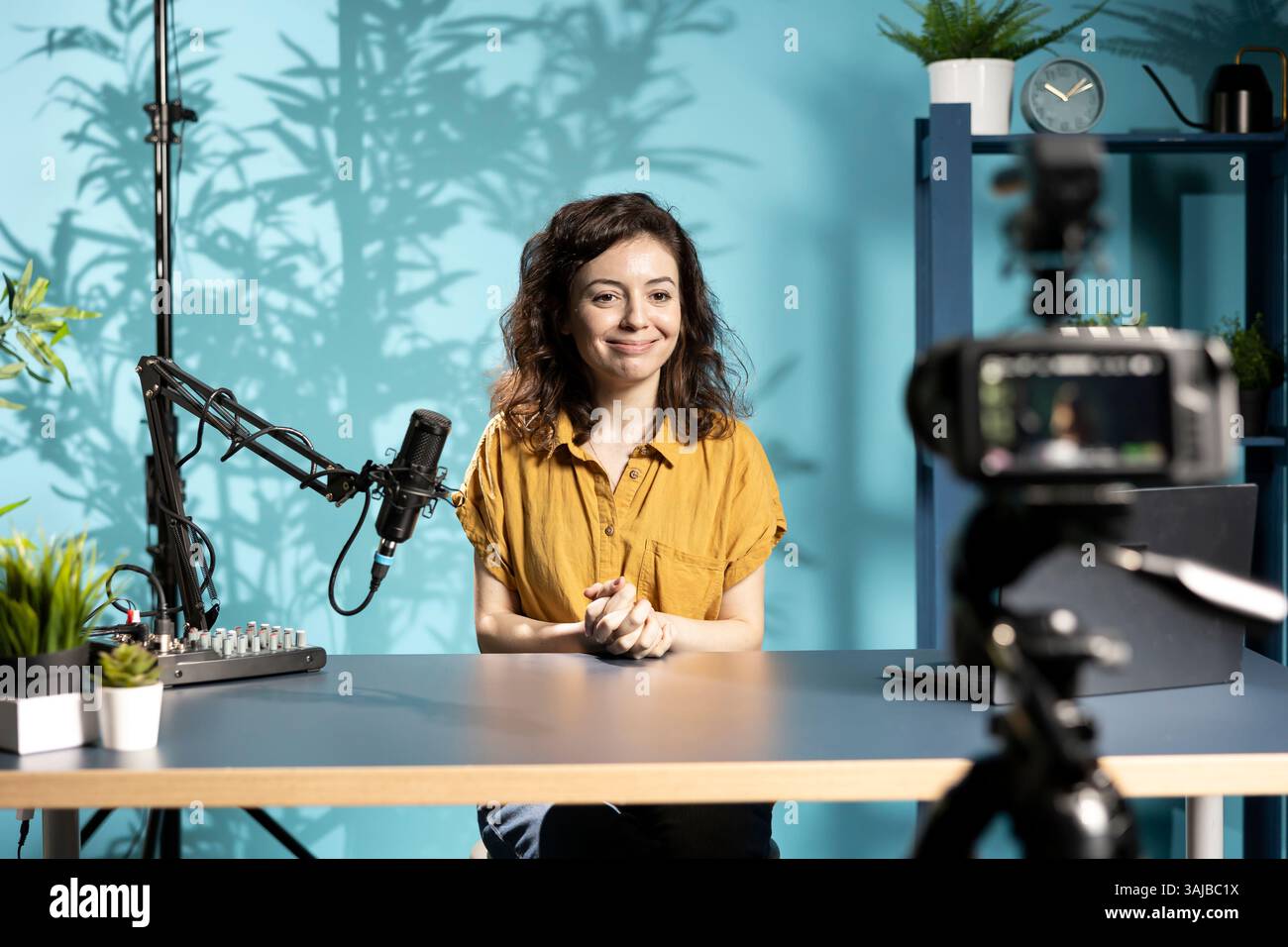 Media star talking into microphone, using professional recording ...