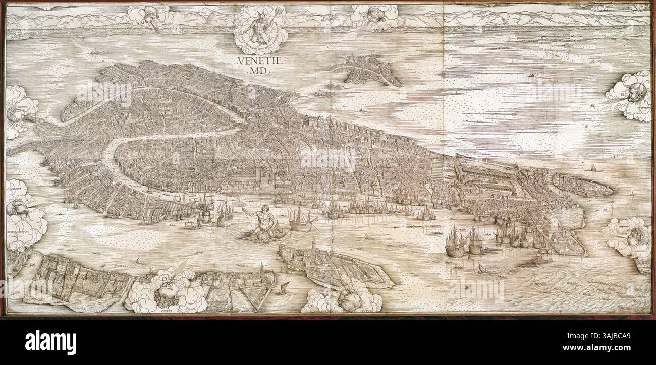 A woodcut print by Jacopo de' Barbari from 1500, depicting a bird's-eye ...