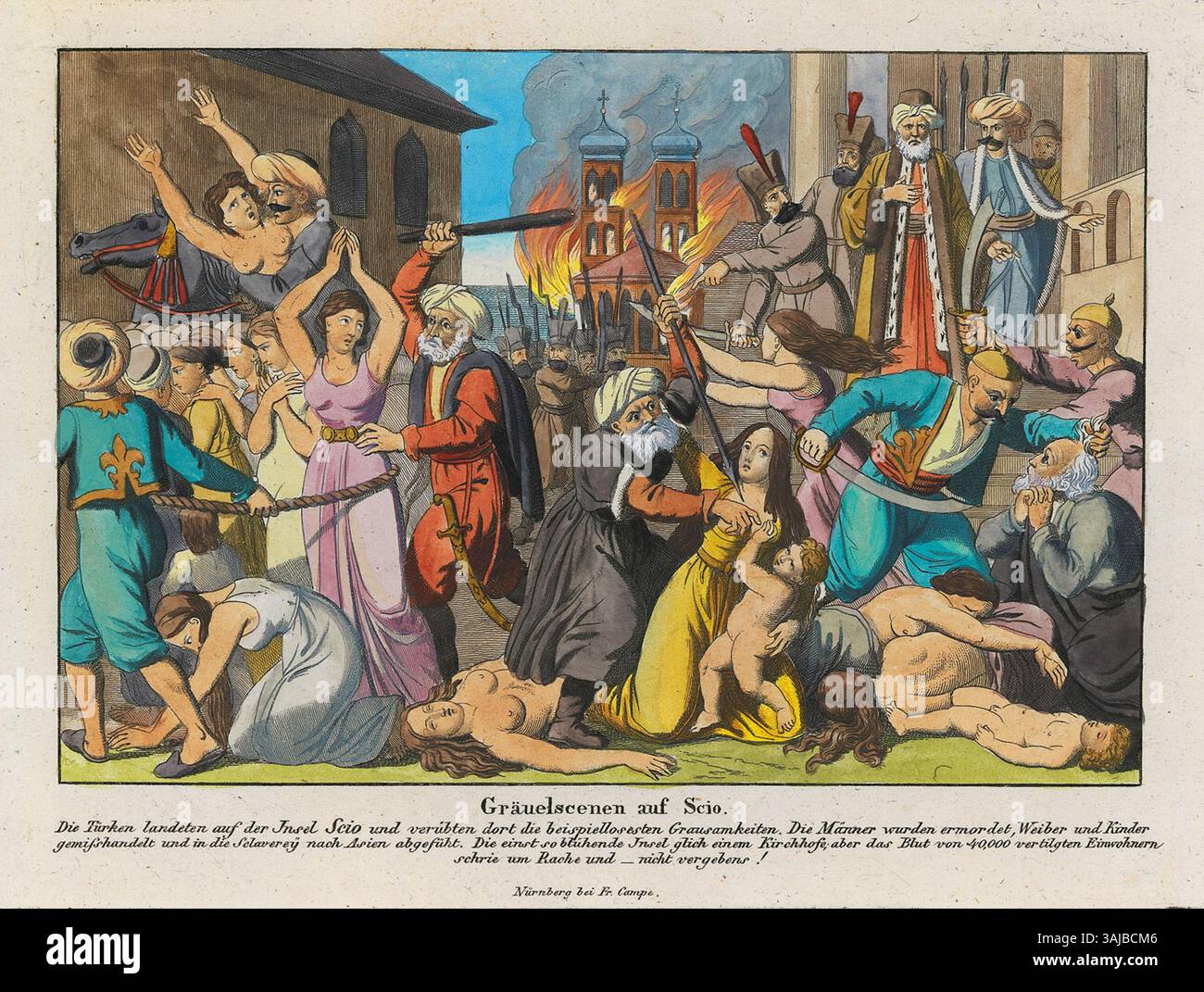 Depiction of the atrocities during the Chios massacre of 1822 by ...