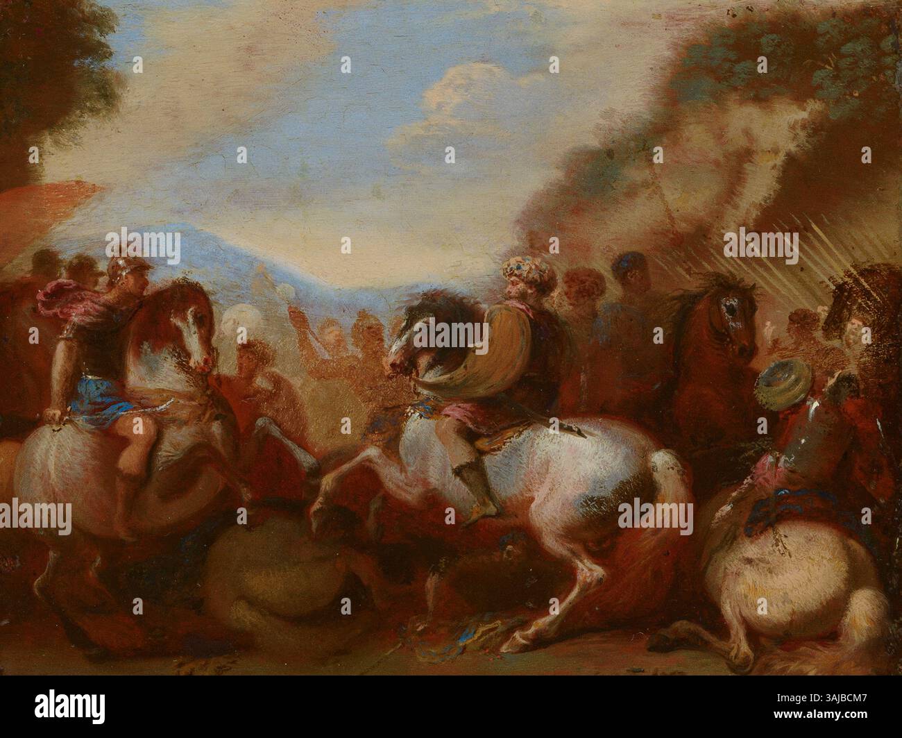 This anonymous 17th-century painting depicts a dynamic battle scene ...