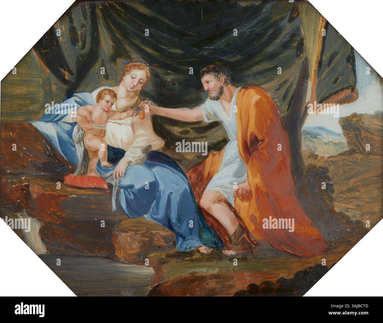 An 18th-century reverse glass painting titled 'Rest on the Flight ...