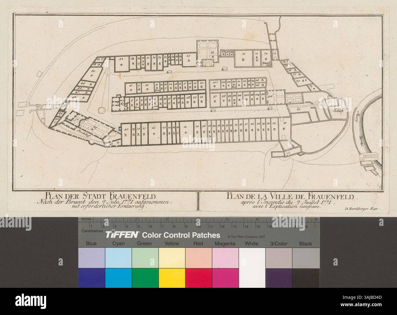 This print depicts a detailed plan of the town of Frauenfeld, created ...