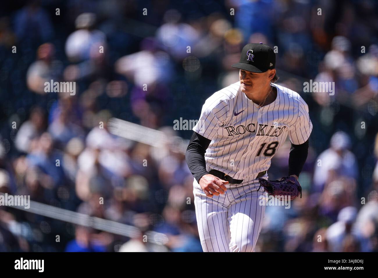 Colorado Rockies starting pitcher Ryan Feltner (18) in the fourth ...