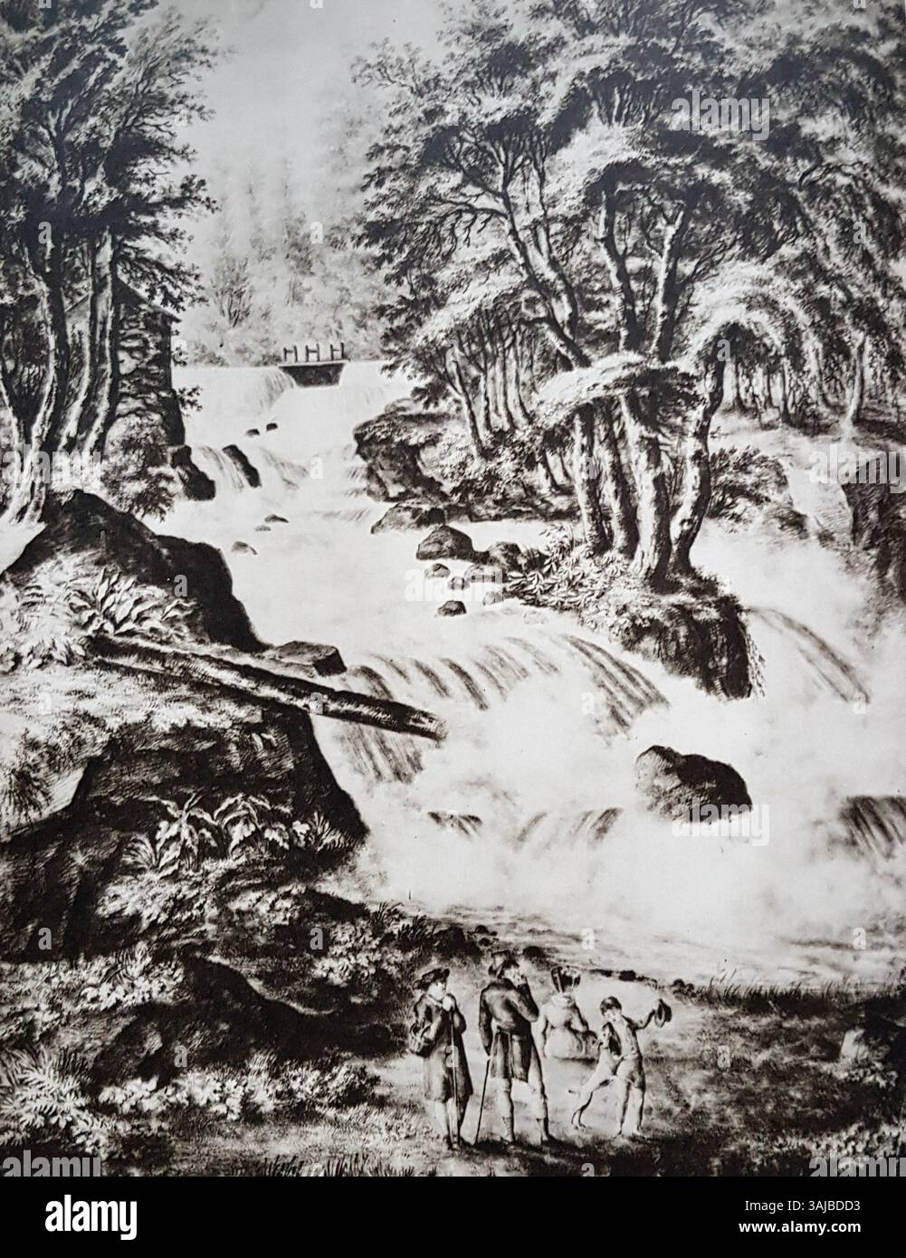 A 19th-century drawing by Carl Gustaf Gillberg depicting the waterfall ...