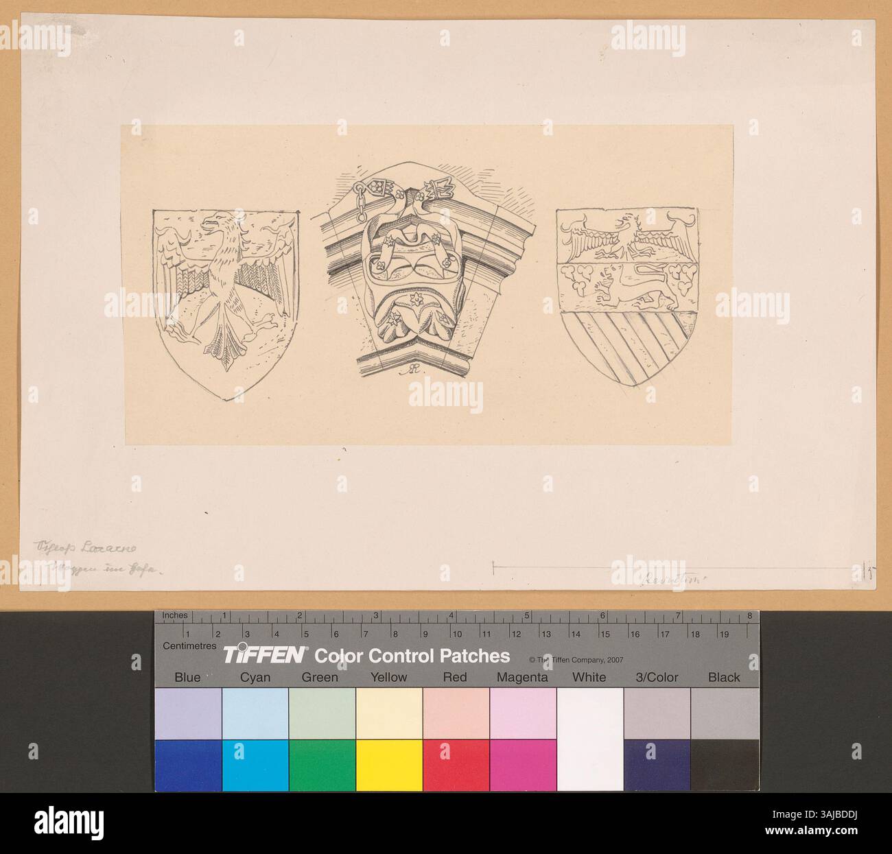 The image depicts a stone capital and two coats of arms attached to it ...