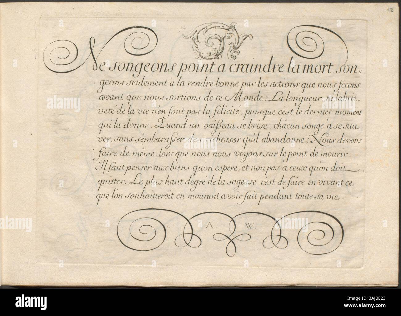 A page from Anna Waser's 1708 'Schreibüebung,' featuring a French ...