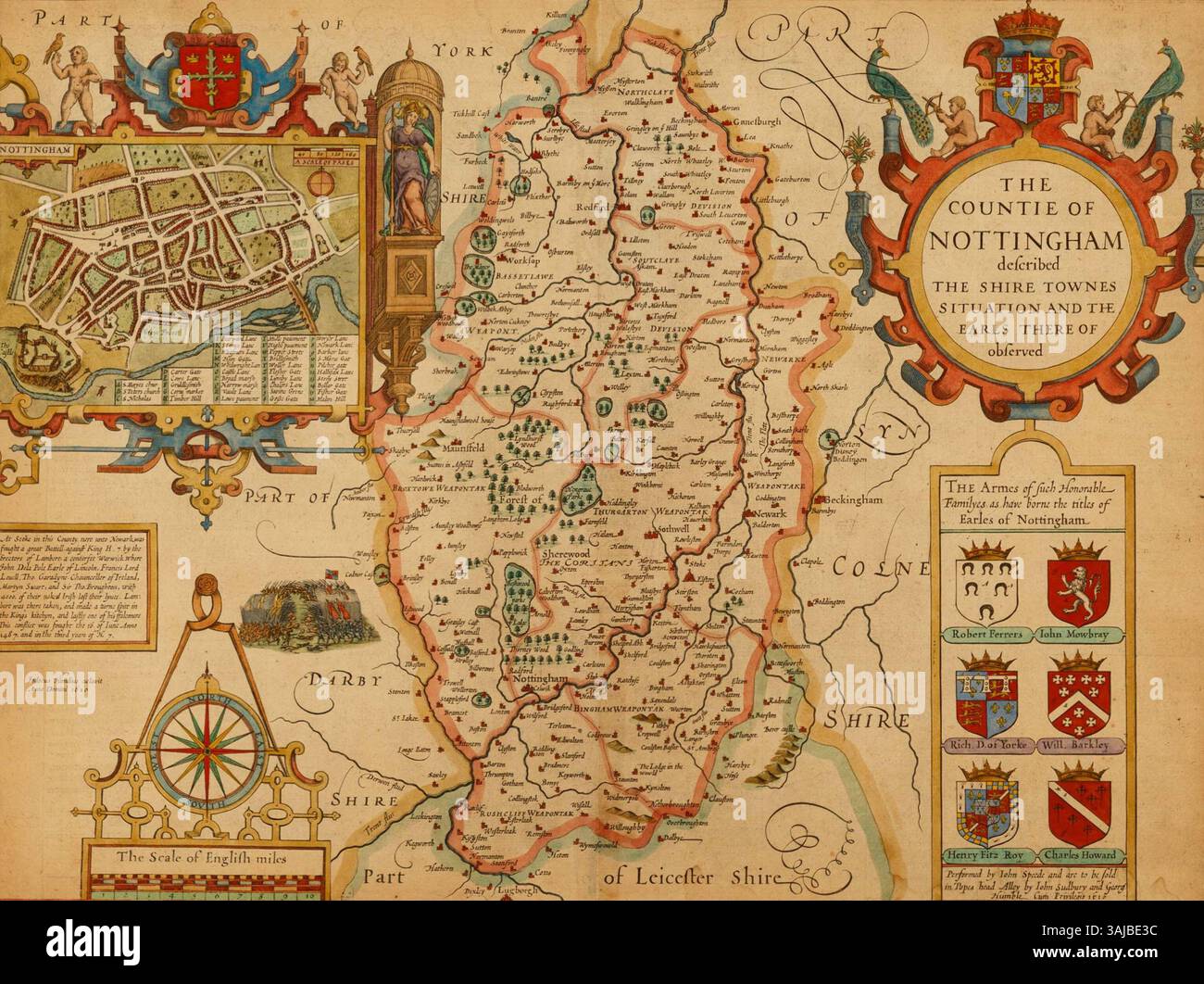 The map of the County of Nottingham, created by Jodocus Hondius in 1610 ...