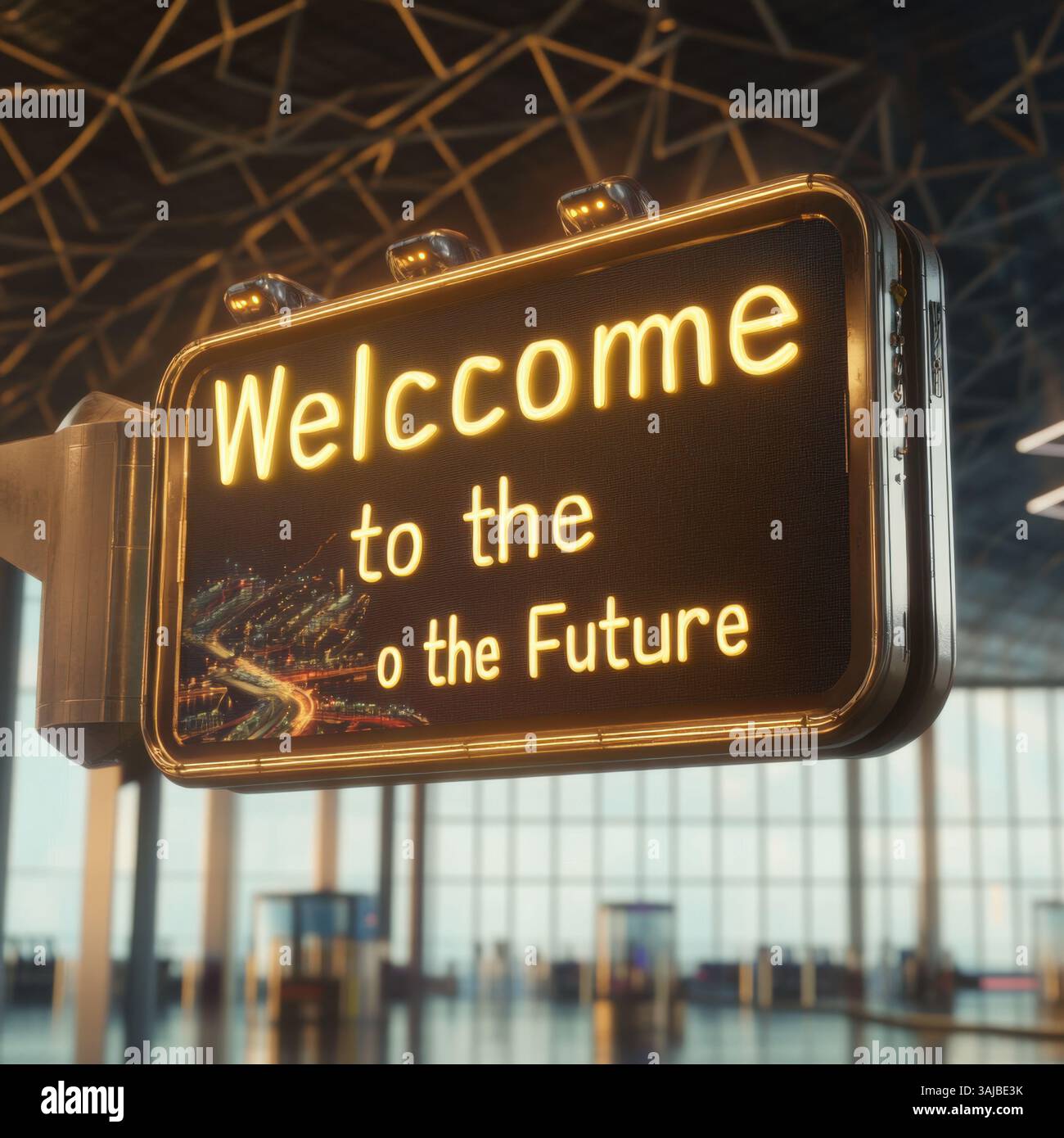 A vibrant welcome sign in an airport terminal showcasing a bold message ...