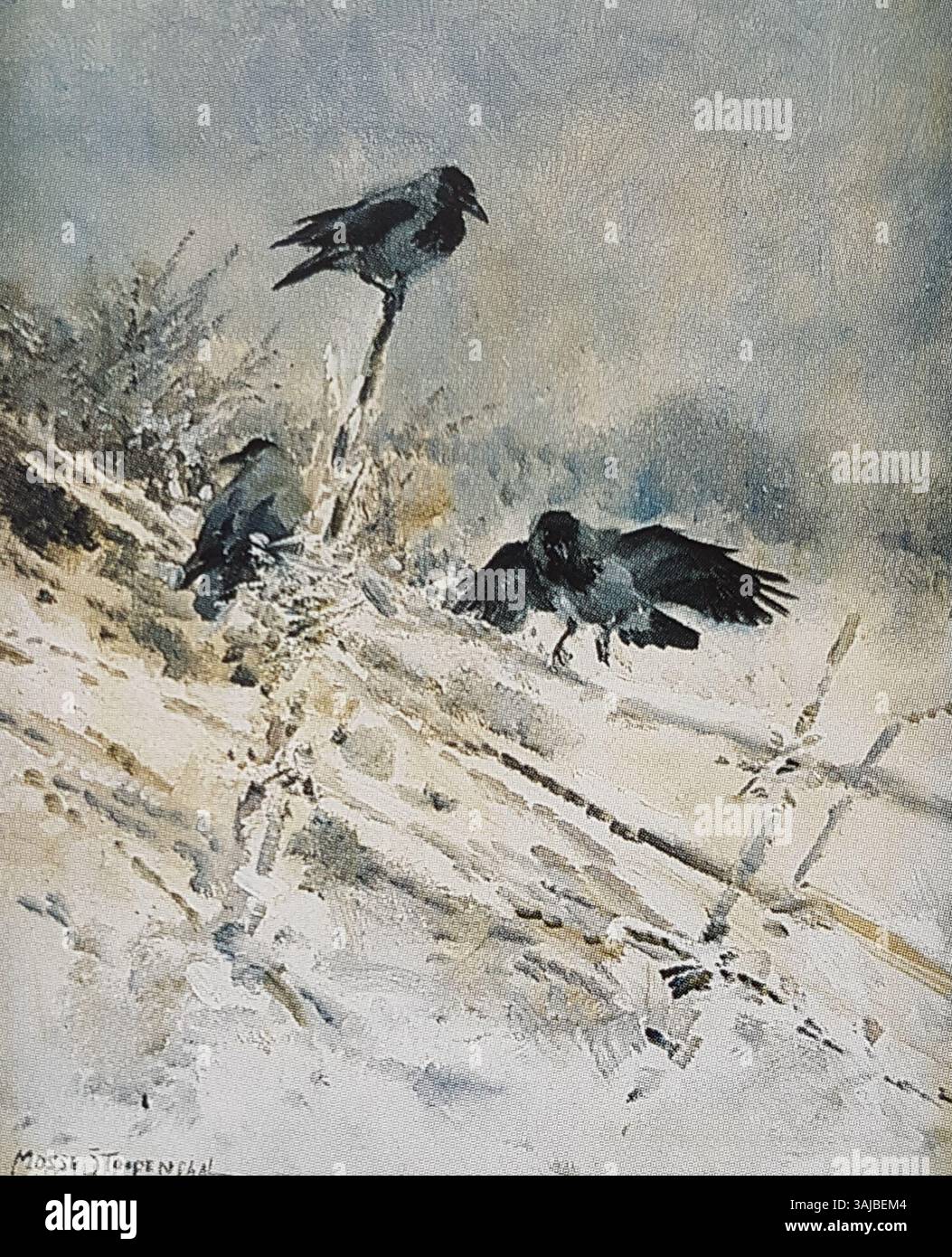 'Kråkor på gärdesgård' (Crows on a Farmyard) is a painting by Mosse ...